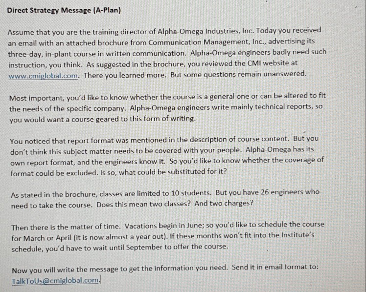 Solved Direct Strategy Message (A-Plan) Assume that you are | Chegg.com