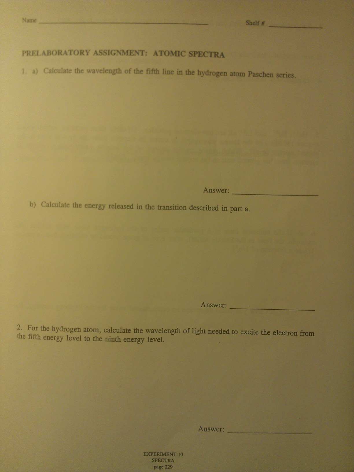 Solved Name Shelf PRELABORATORY ASSIGNMENT: ATOMIC SPECTRA | Chegg.com
