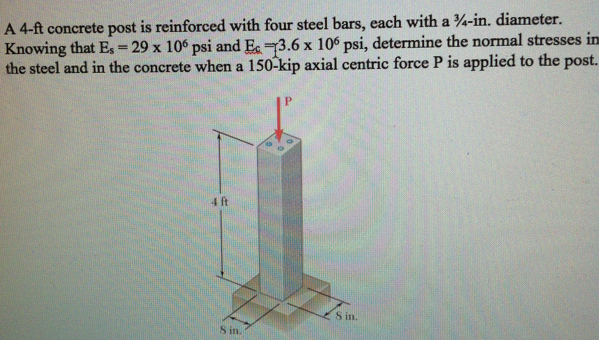 Solved A 4-ft concrete post is reinforced with for steel | Chegg.com