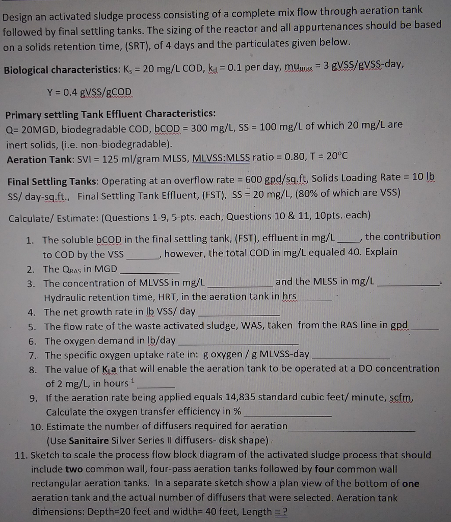 on tank Design an activated sludge process consisting | Chegg.com