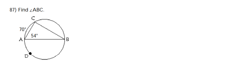 Solved 87) Find LABC. 70° 54° | Chegg.com