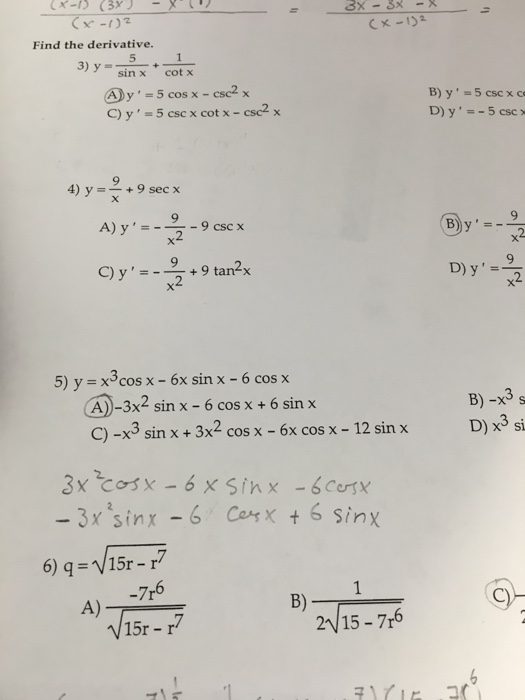Solved Find the derivative. y.5/sin x + 1/cot x y' = 5 cos x | Chegg.com