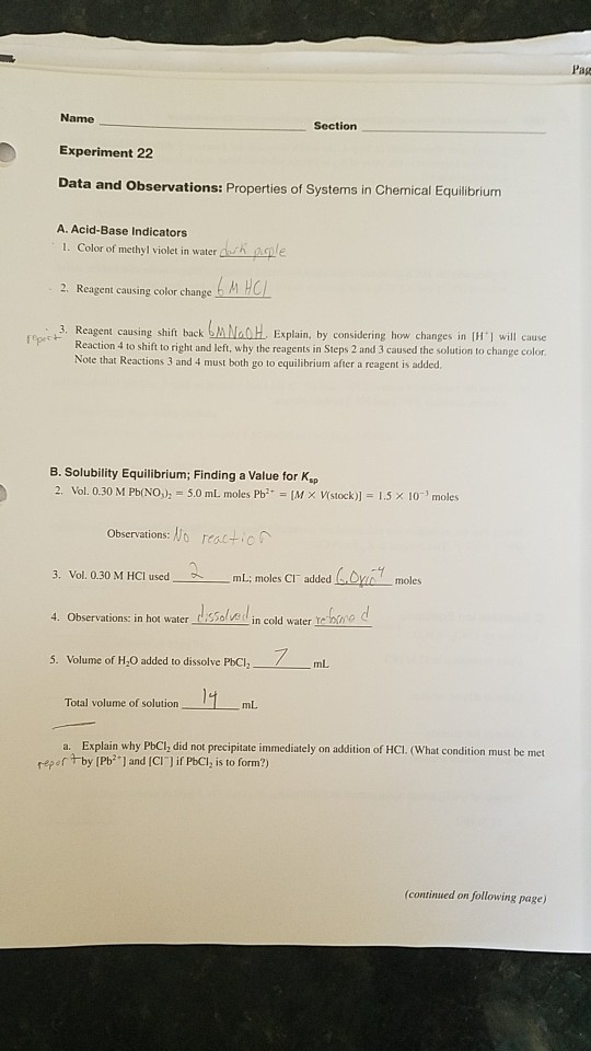 Solved Pas Name Section Experiment 22 Data and Observations: | Chegg.com