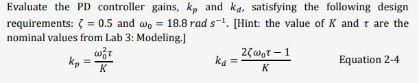 Evaluate the PD controller gains, kp and kd, | Chegg.com