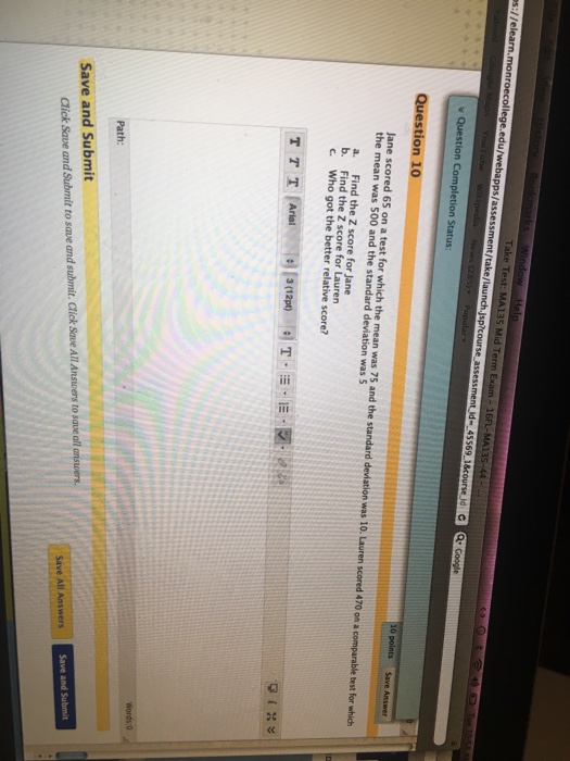 Solved Jane scored 65 on a test for which the mean was 75 | Chegg.com