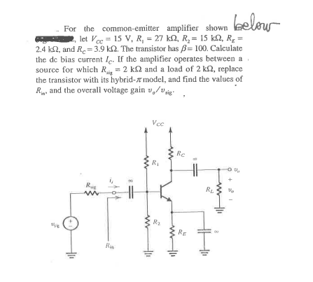 Solved For the common-emitter amplifier shown below let V_cc | Chegg.com