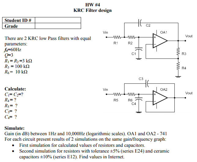 Solved HW #4 KRC Filter design Student ID # Grade C2 Vin OA1 | Chegg.com