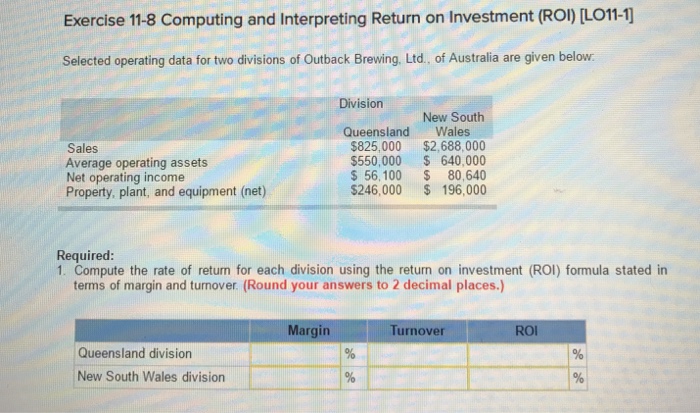Solved Exercise 11-8 Computing and Interpreting Return on | Chegg.com