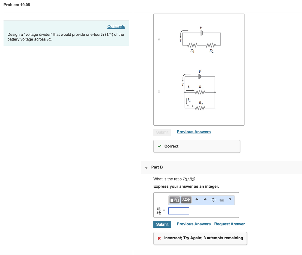 Solved Problem 19.08 Constants Design a "voltage divider" | Chegg.com