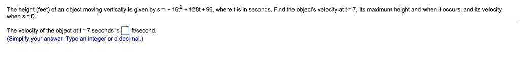 Solved The height (feet) of an object moving vertically is | Chegg.com