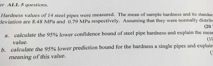 Solved Hardness values of 14 steel pipes were measured. The | Chegg.com