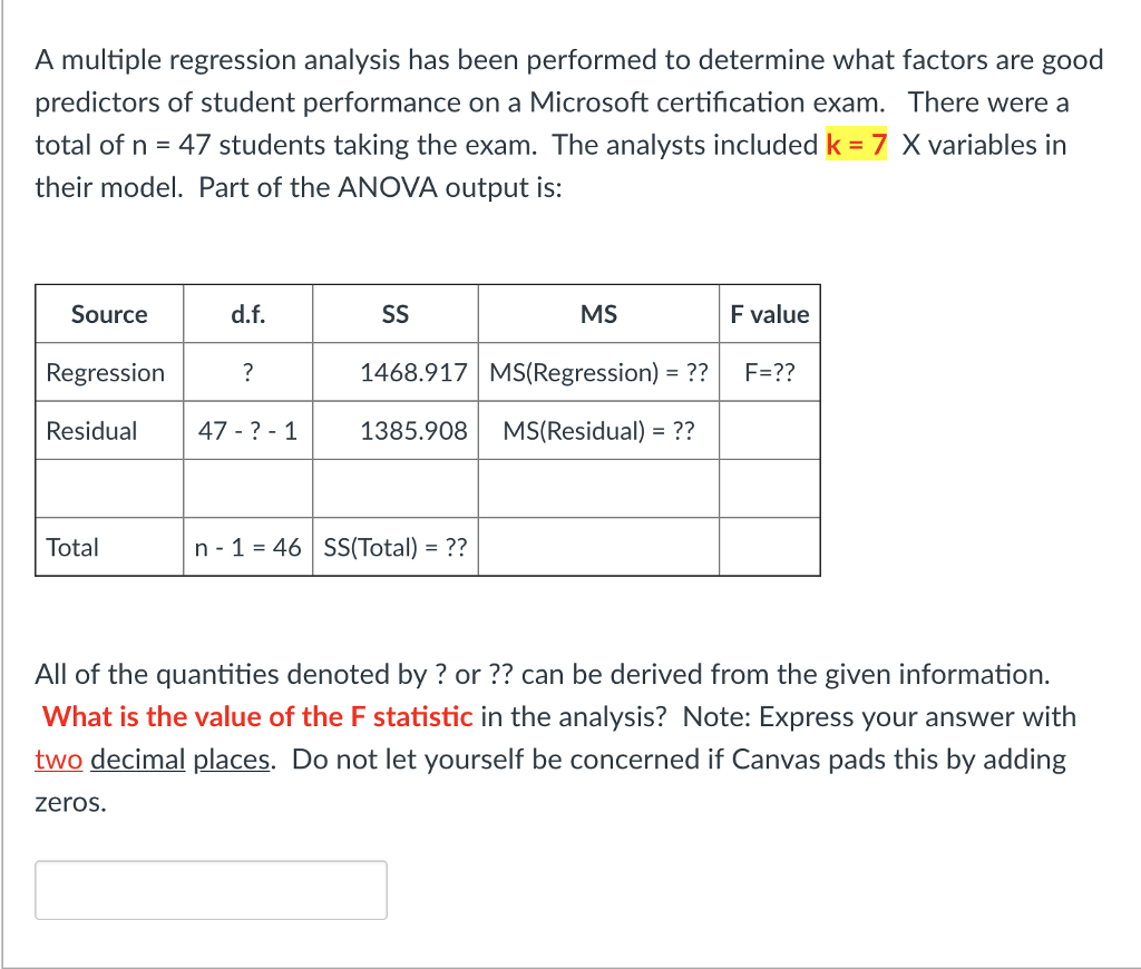 Solved A multiple regression analysis has been performed to | Chegg.com