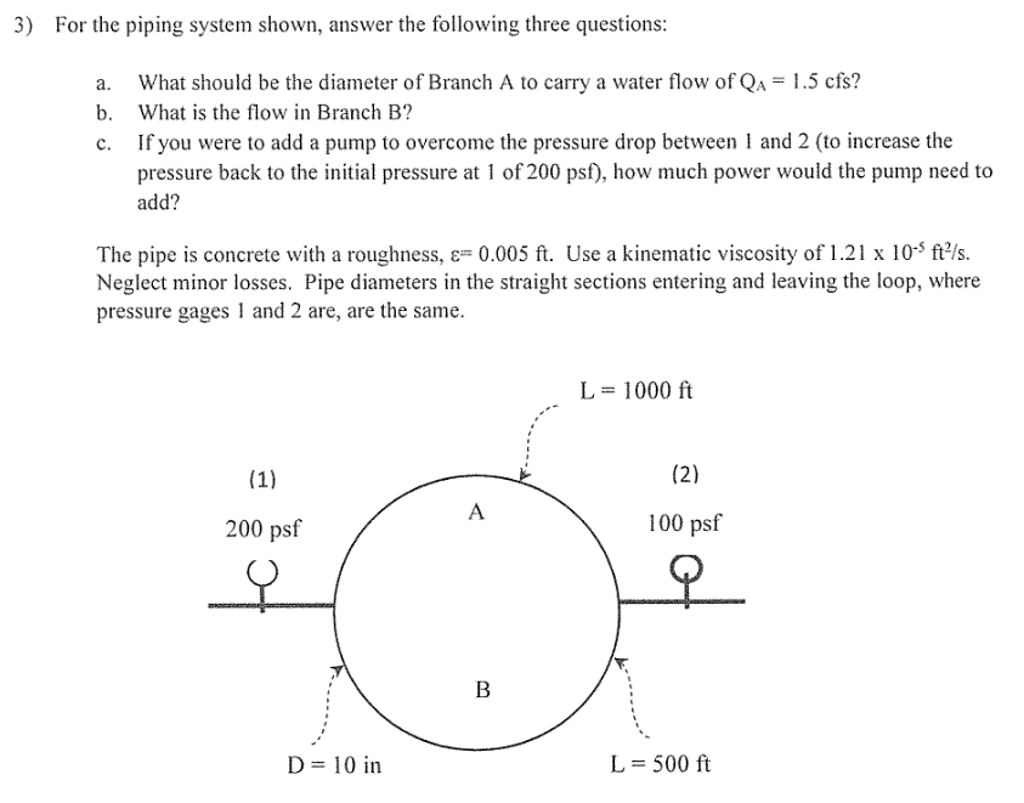 For the piping system shown, answer the following | Chegg.com
