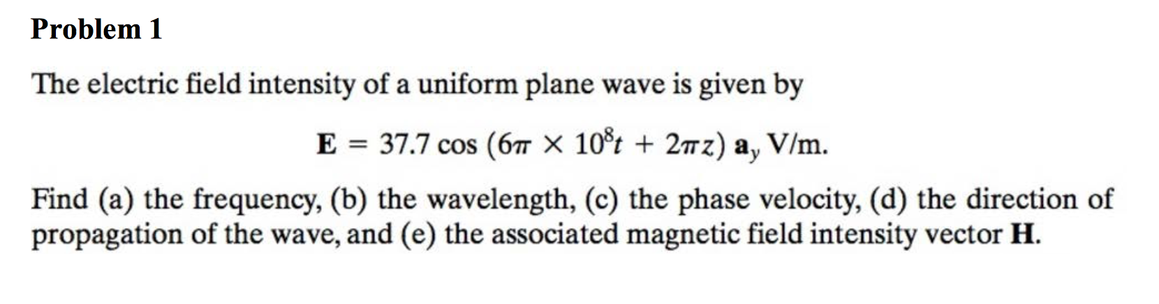 Solved The electric field intensity of a uniform plane wave | Chegg.com