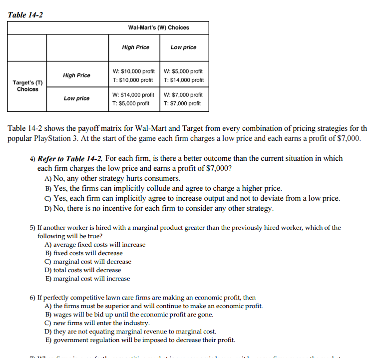 Solved Table 14-2 shows the payoff matrix for Wal-Mart and | Chegg.com