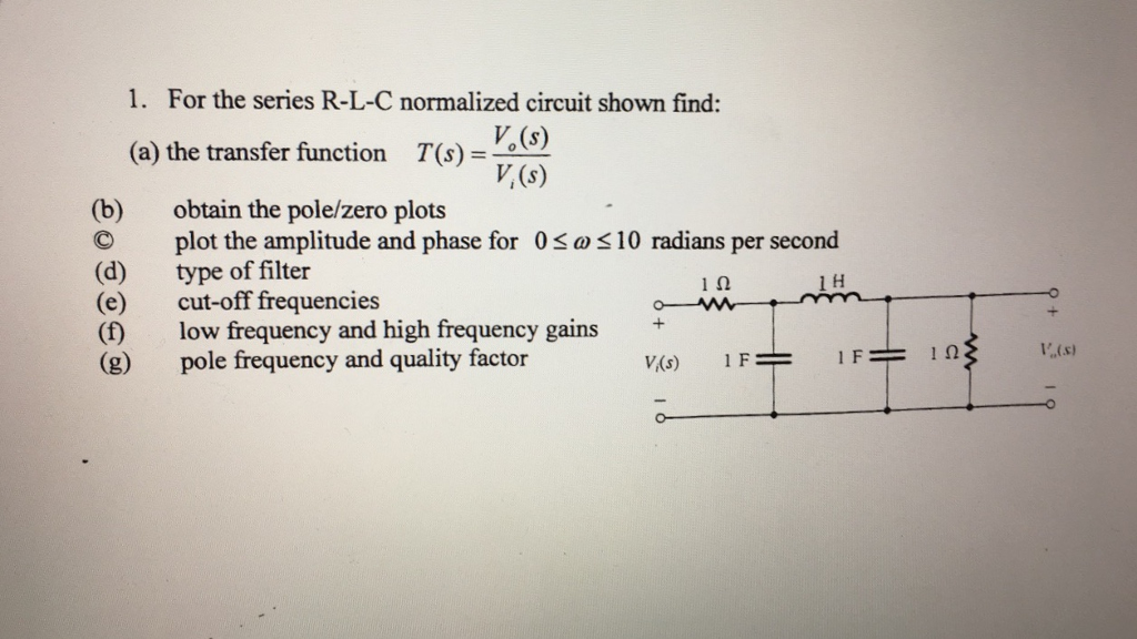 Solved 1. For the series R-L-C normalized circuit shown | Chegg.com