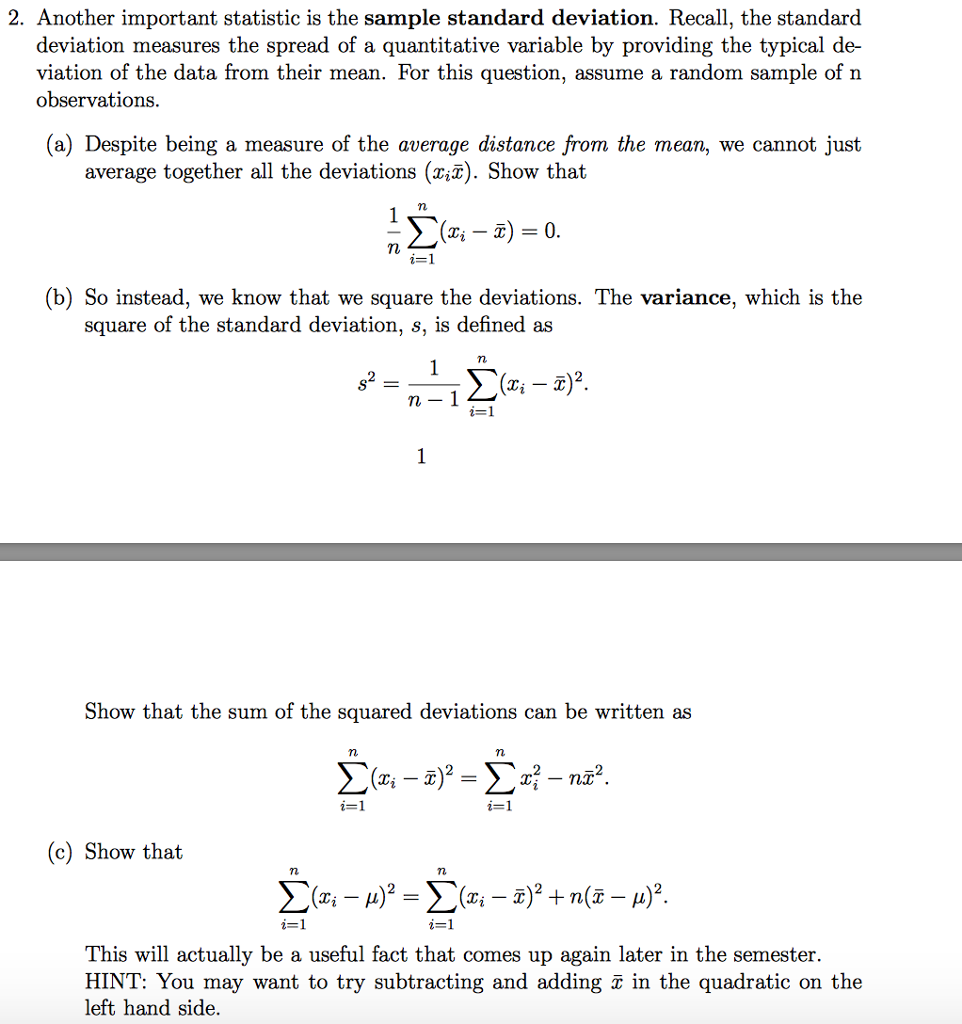Solved 2. Another important statistic is the sample standard | Chegg.com