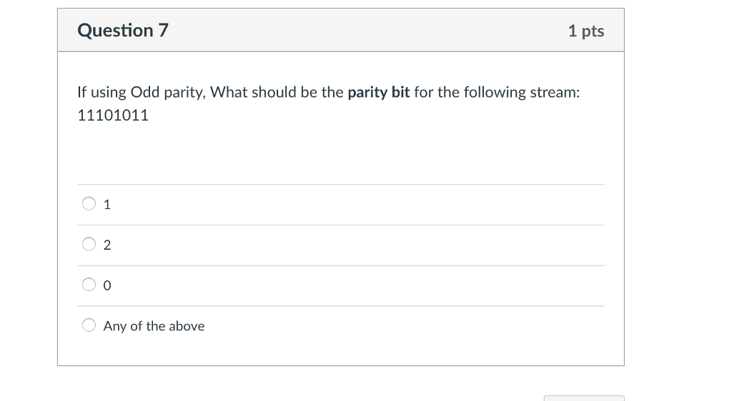 Solved Question 7 1 pts If using Odd parity, What should be | Chegg.com