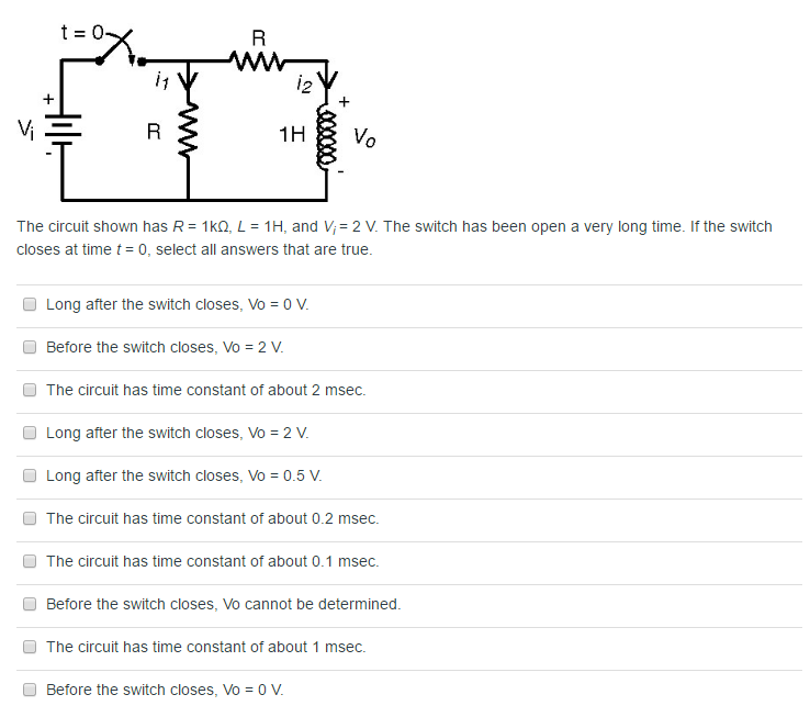 Solved The circuit shown has R = 1k Ohm, L = 1H, and V_i = | Chegg.com