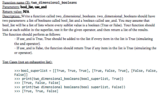 Solved Eunction name ): two_dimensional_booleans Parameters: | Chegg.com