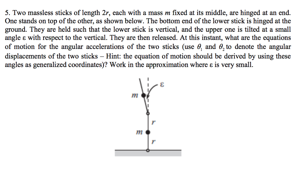 Solved 5. Two massless sticks of length 2r, each with a mass | Chegg.com