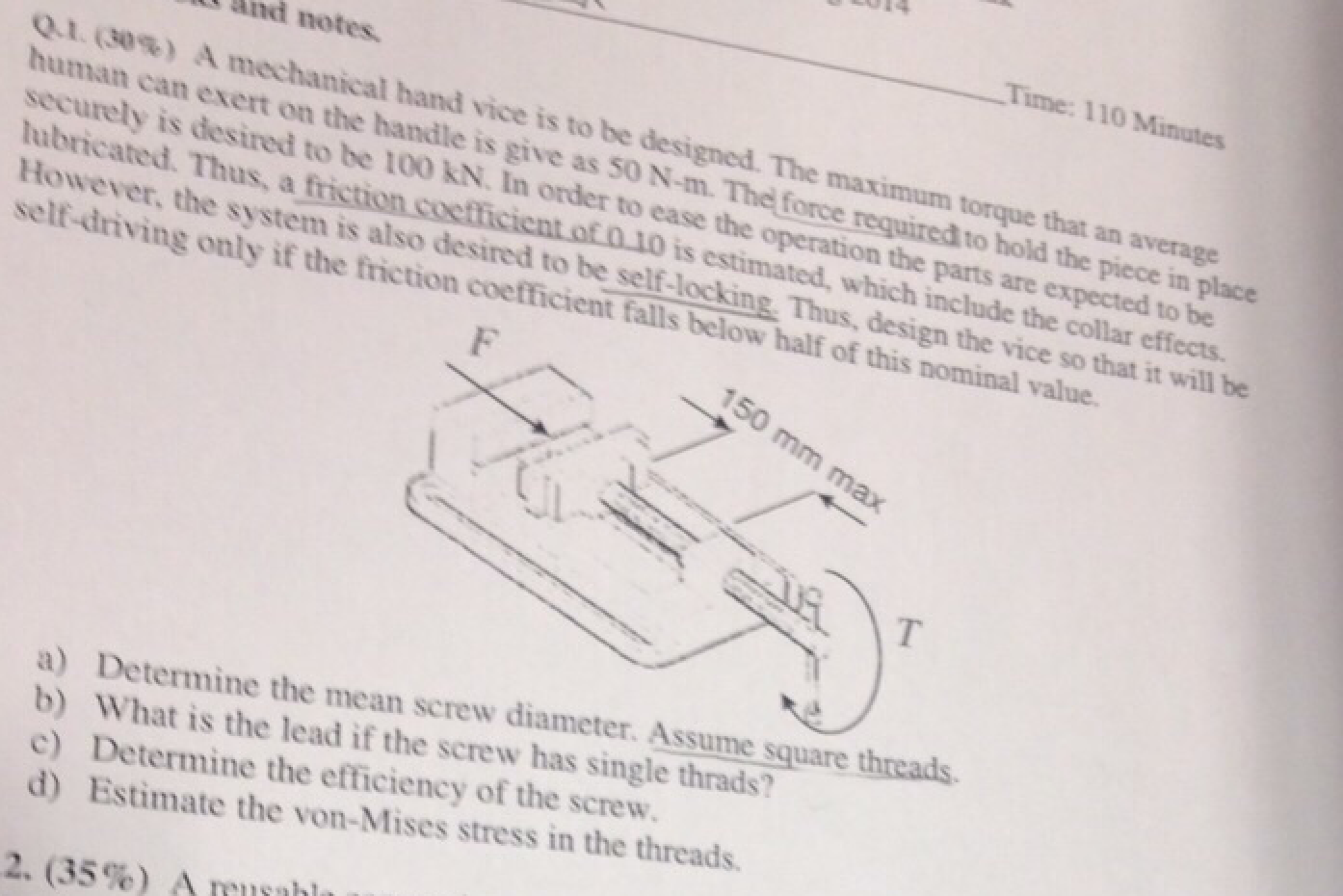 A mechanical hand vice is to be designed. the maximum | Chegg.com