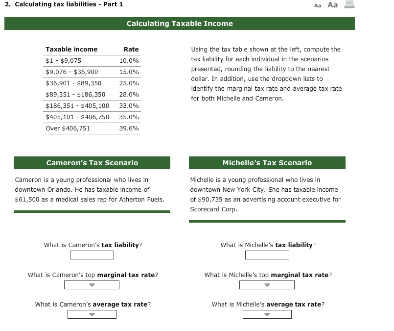 Solved 2. Calculating tax liabilities Part 1 Aa Aa | Chegg.com