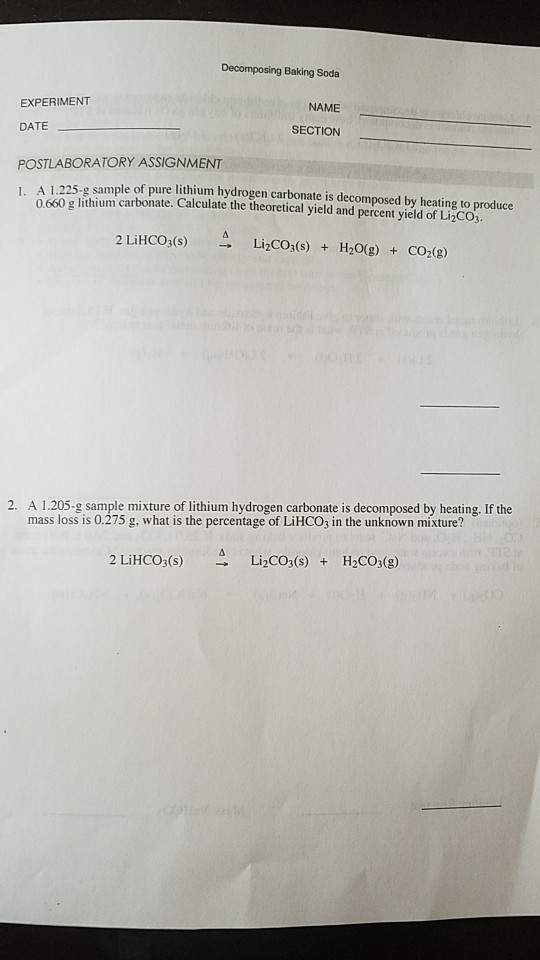 Solved Decomposing Baking Soda NAME SECTION EXPERIMENT DATE | Chegg.com