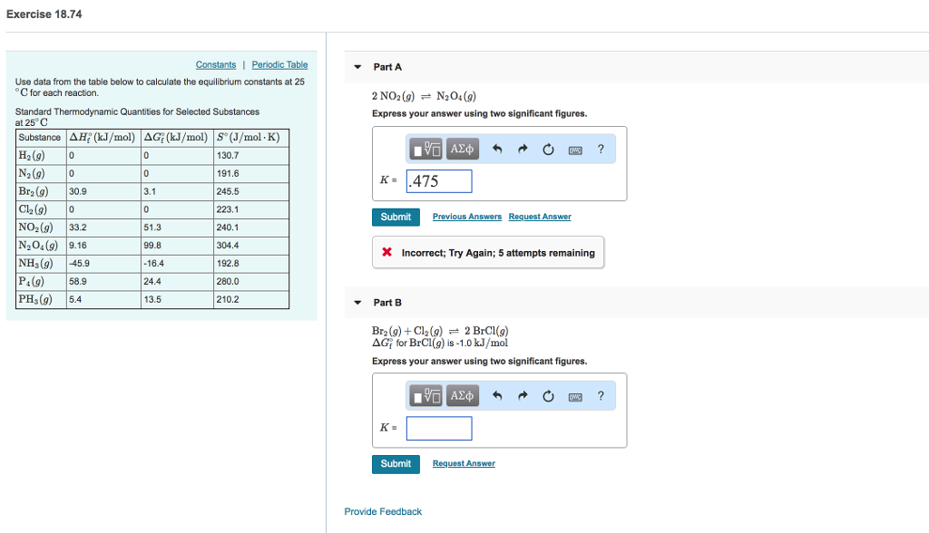 Solved Exercise 18.74 Part A Use data from the table below | Chegg.com