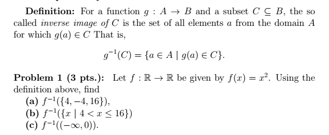 Solved For a function g : A rightarrow B and a subset C B. | Chegg.com