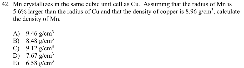 Solved Mn crystallizes in the same cubic unit cell as Cu. | Chegg.com