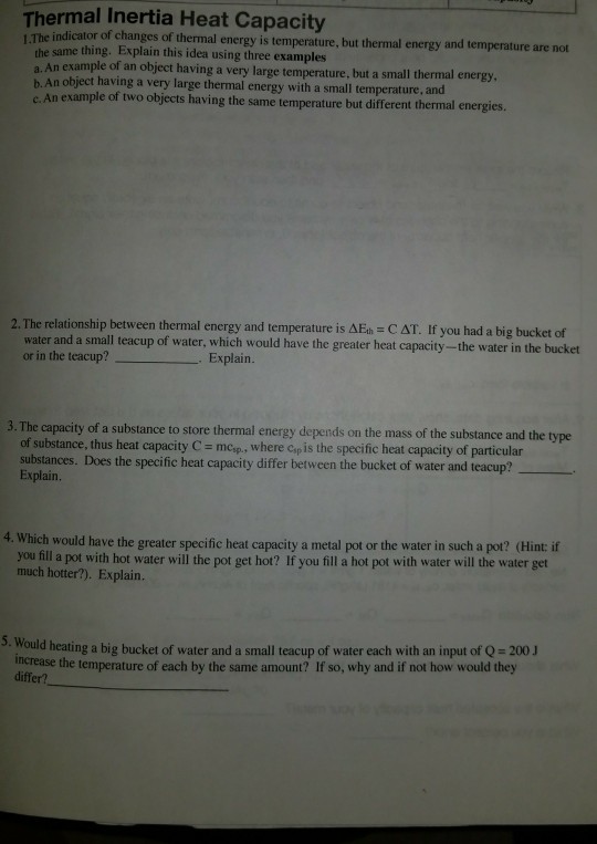 Solved Thermal Inertia Heat Capacity 1. The indicator of | Chegg.com