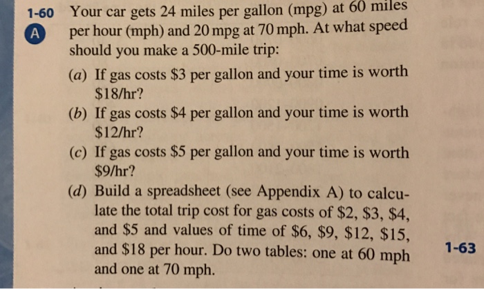 Solved Your car gets 24 miles per gallon (mpg) at 60 miles Q | Chegg.com