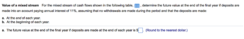 Value of a mixed stream For the mixed stream of cash | Chegg.com