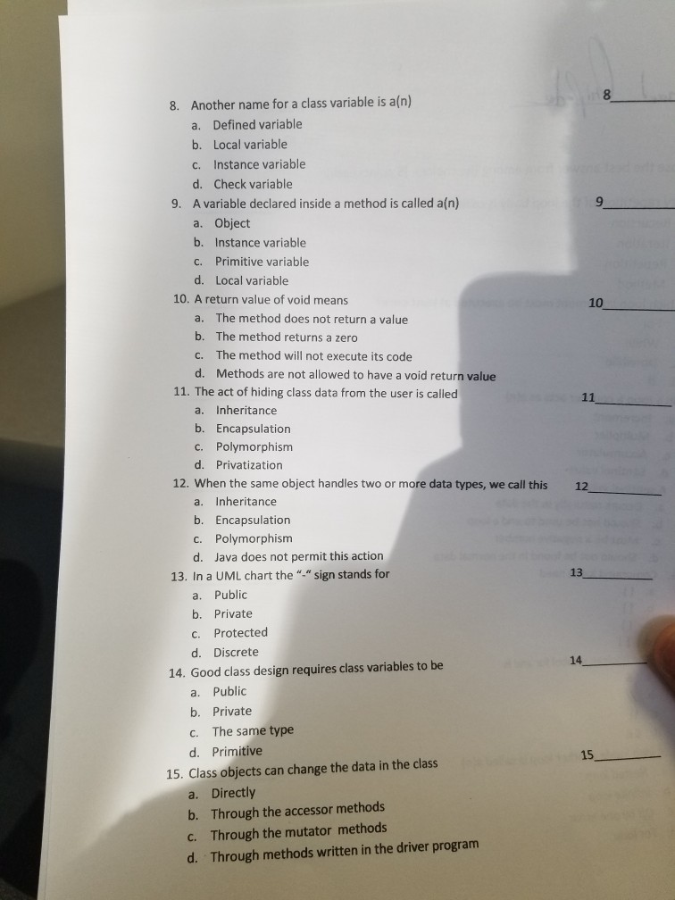 Solved Another name for a class variable is a(n) a. Defined | Chegg.com