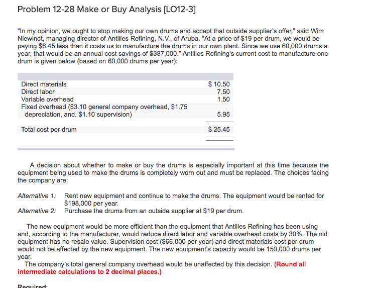 Solved Problem 12-28 Make or Buy Analysis L012-31 "In my | Chegg.com