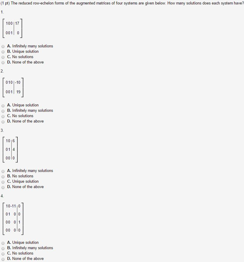 Solved (1 pt) The reduced row-echelon forms of the augmented | Chegg.com