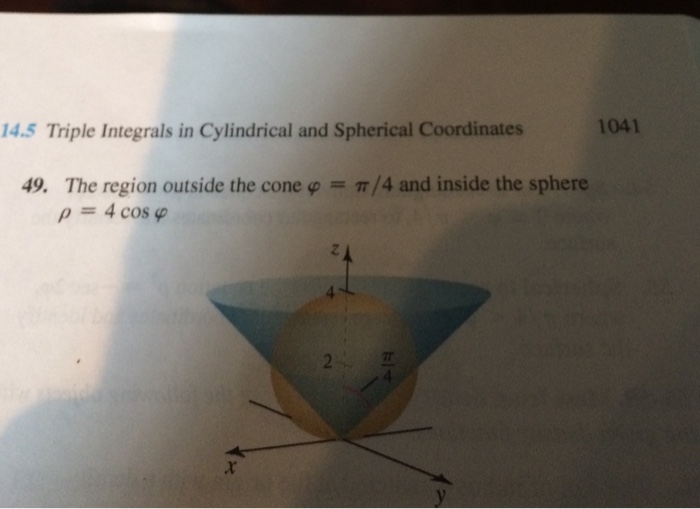 Solved The region outside iota he cone phi = Pi/4 and inside | Chegg.com