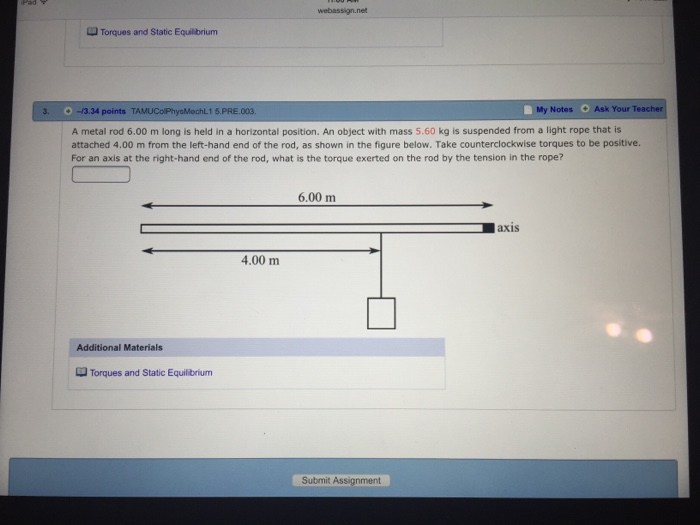 Solved A metal rod 6.00 m long is held in a horizontal | Chegg.com