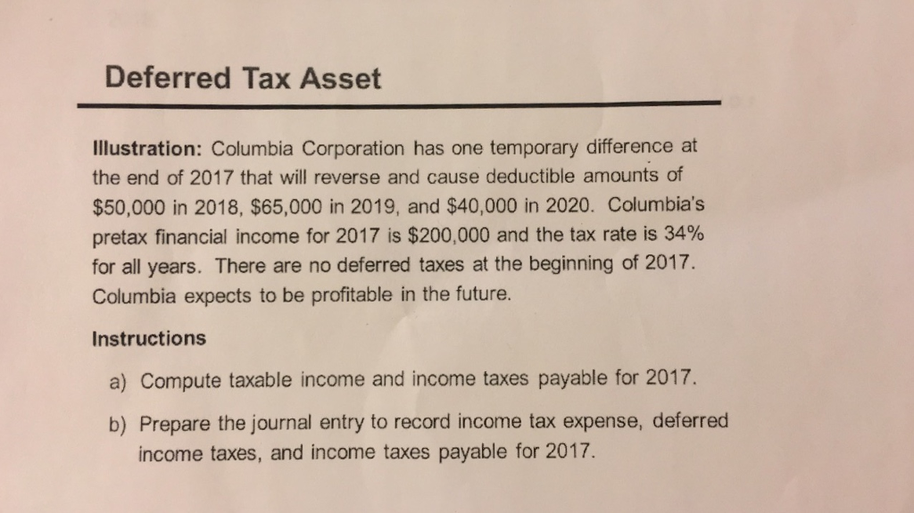 Solved Deferred Tax Asset Illustration: Columbia Corporation | Chegg.com