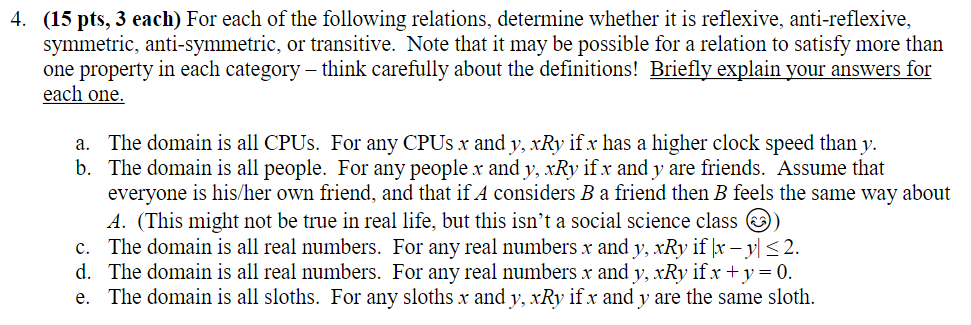 Solved (15 pts, 3 each) For each of the following relations, | Chegg.com