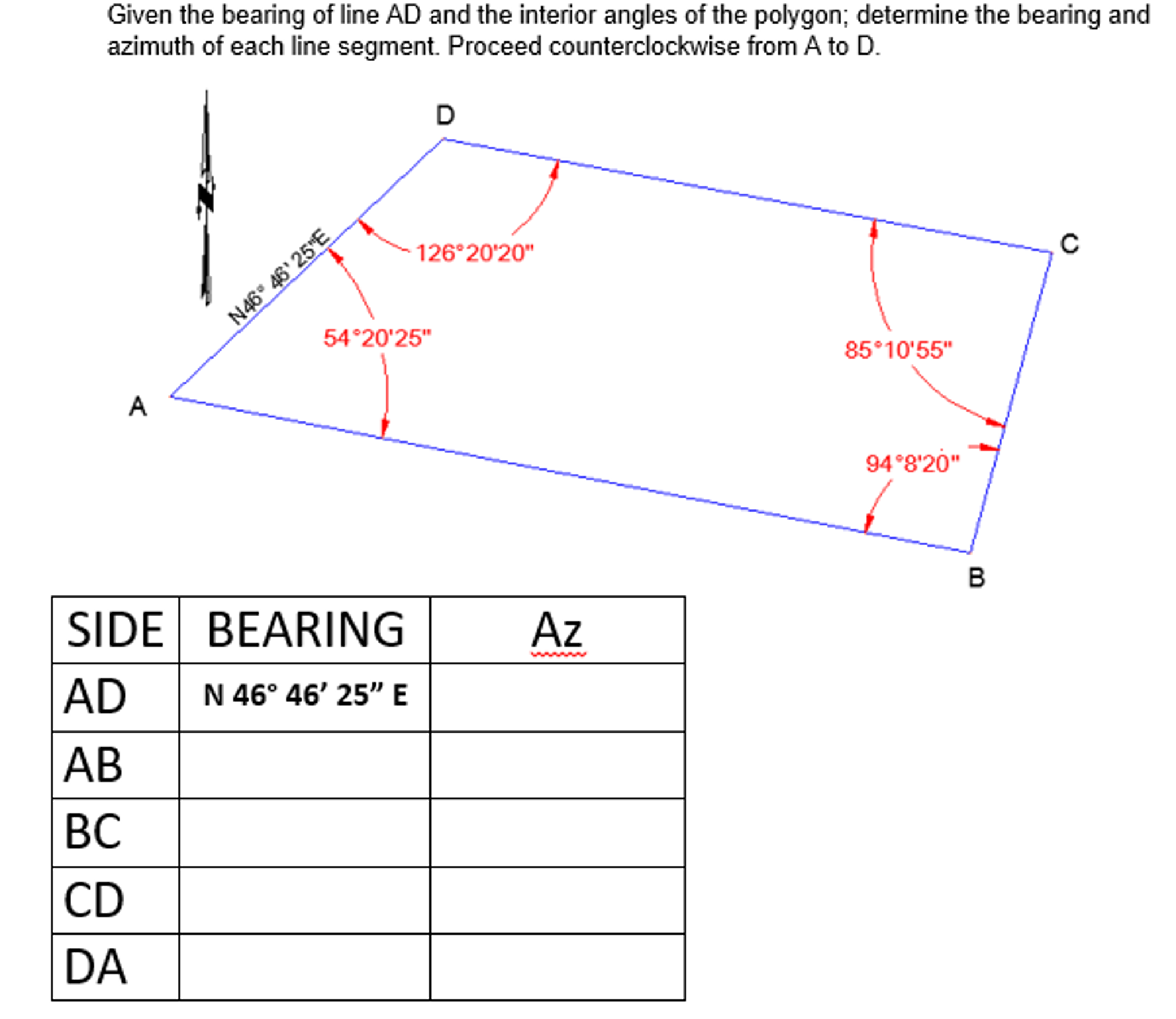 Solved Given the bearing of line AD and the interior angles | Chegg.com