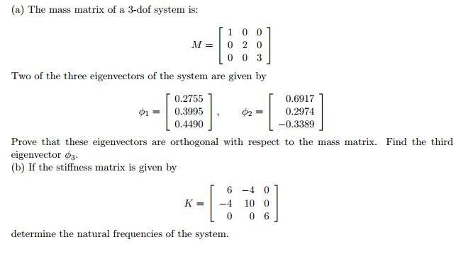 The mass matrix of a 3-dof system is: Two of the | Chegg.com