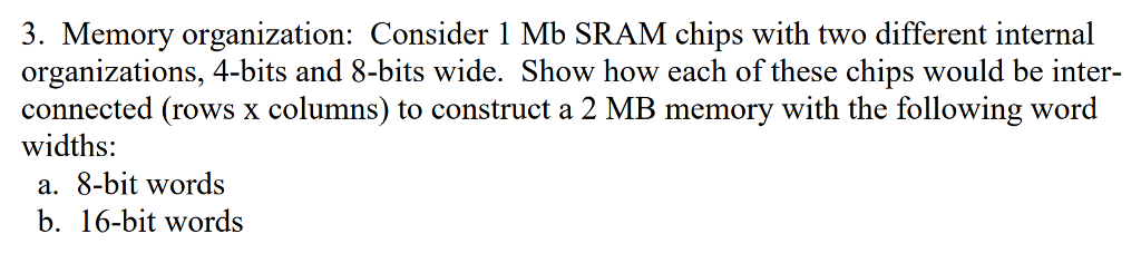 Solved Memory organization: Consider 1 Mb SRAM chips with | Chegg.com