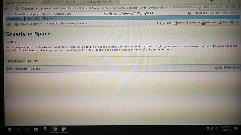 Solved LON CAPA Gravity in Spr × e Physics question ! | Chegg.com