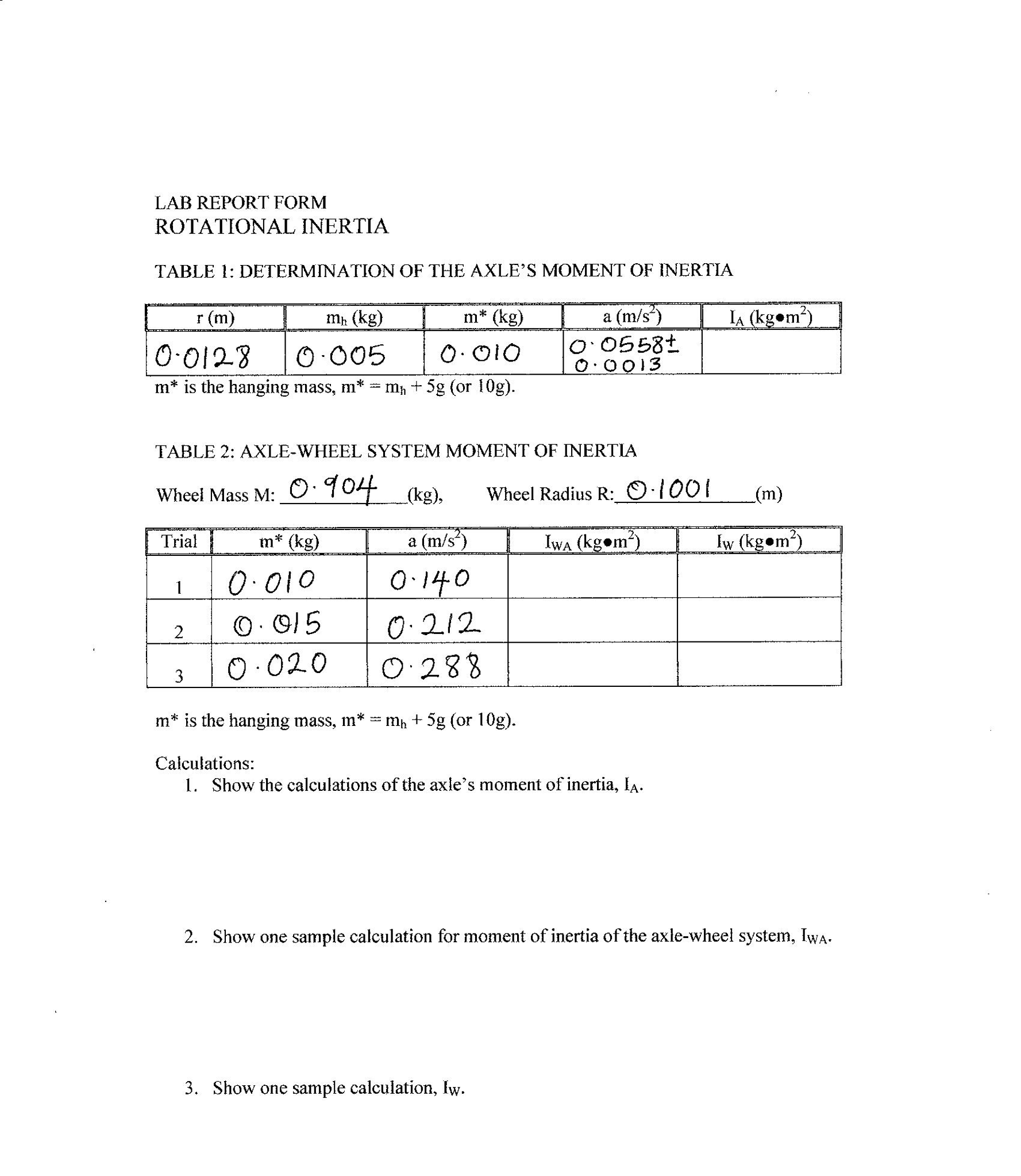 Solved Rotational Inertia TABLE 1: DETERMINATION OF THE | Chegg.com