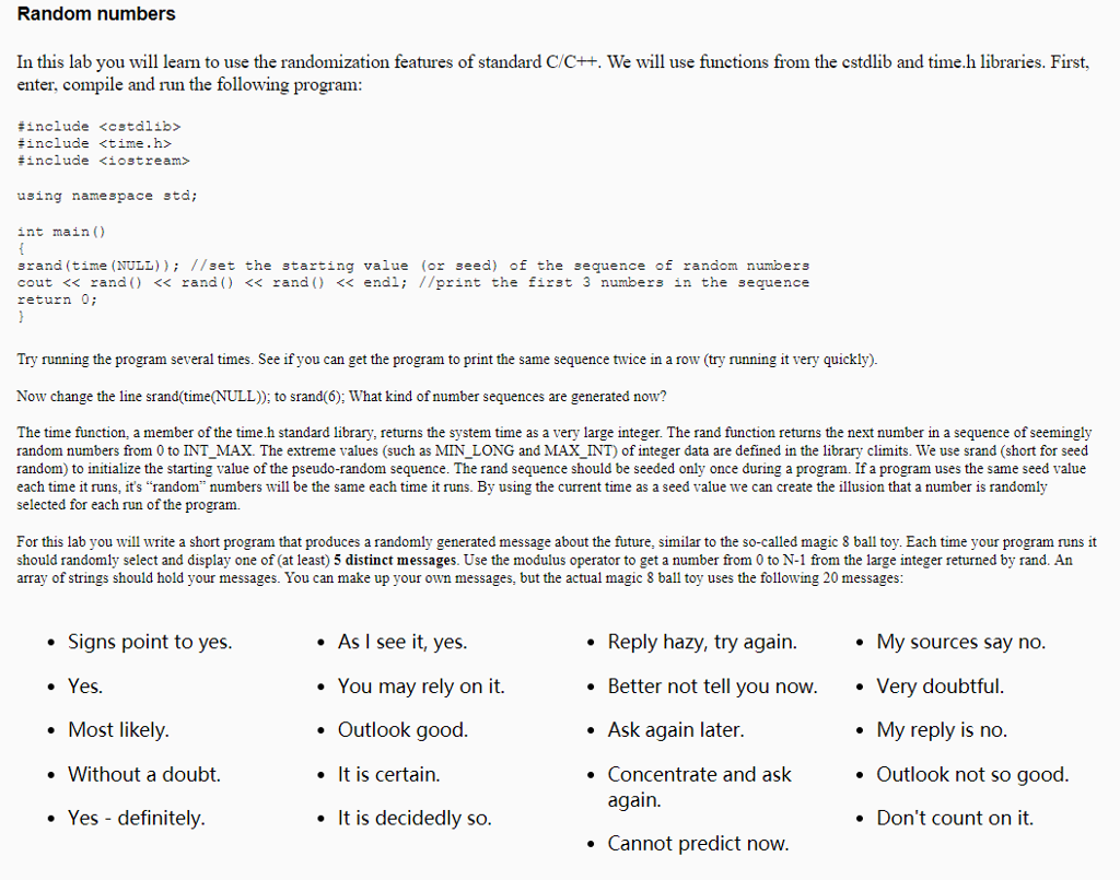 Solved Random numbers In this lab you will learn to use the | Chegg.com