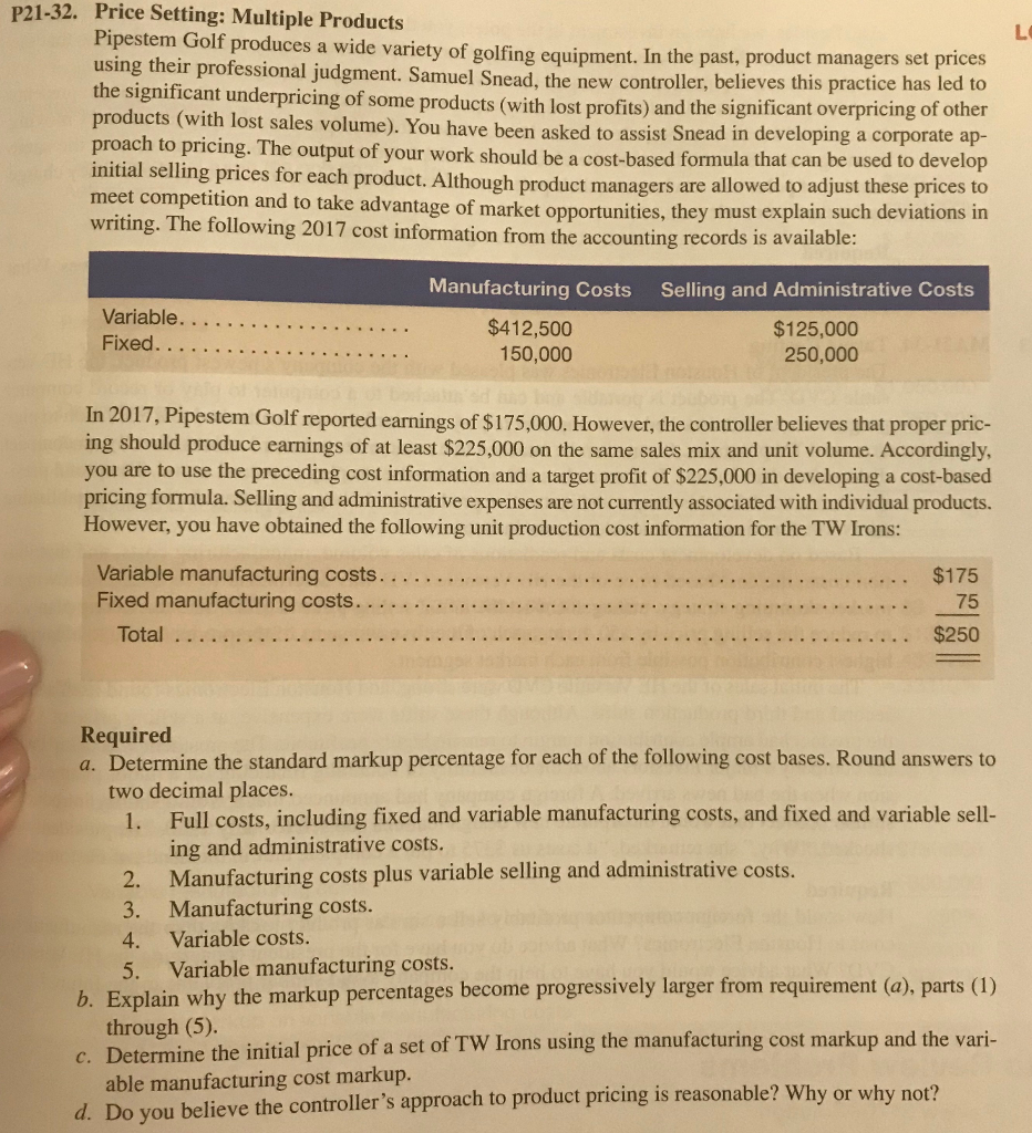 P21-32. Price Setting: Multiple Products L( Pipestem | Chegg.com