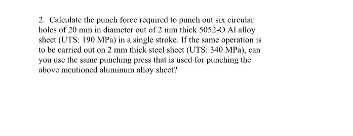 Solved Calculate the punch force required to punch out six | Chegg.com