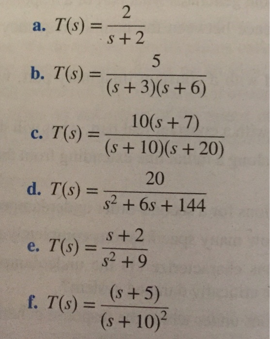 Solved T(s) = 2/s + 2 T(s) = 5/(s + 3) (s + 6) T(s) = 10(s + | Chegg.com